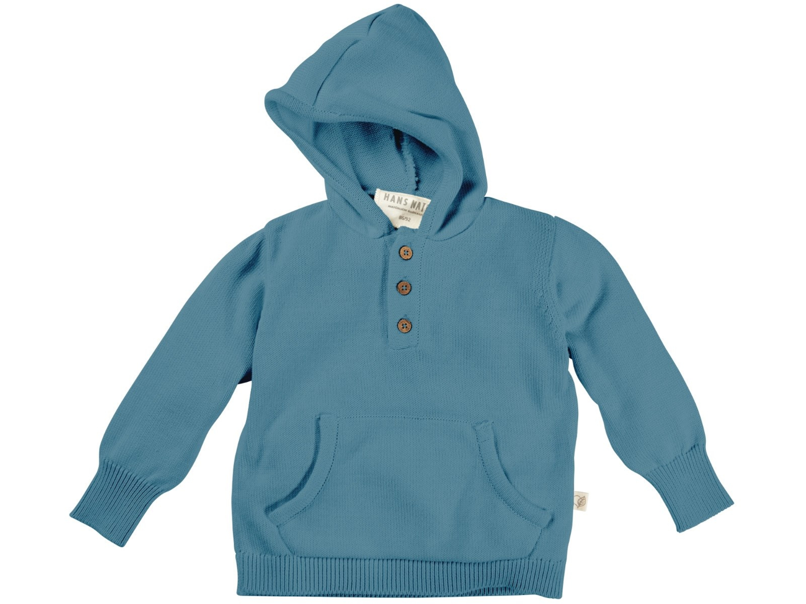 HANS NATUR Kinder Pullover mit Kapuze Strick Bio-Baumwolle blau , Gr.98/104